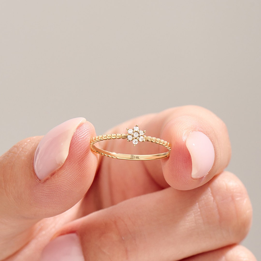 14k Gold Tiny Flower Promise Ring, Solid Gold Cute Engagement Ring ...