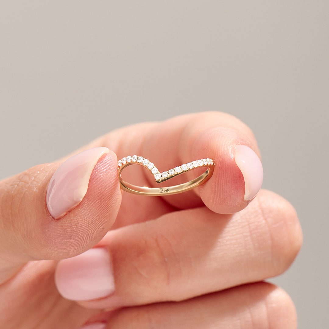 14k Gold Unique Curve Ring, Solid Gold Chevron Wedding Band, Womens V ...