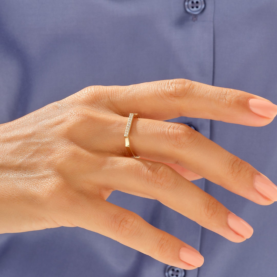 Minimal Bar Ring, 14k Solid Gold Top D Shape Ring, Pave Diamond Cz ...