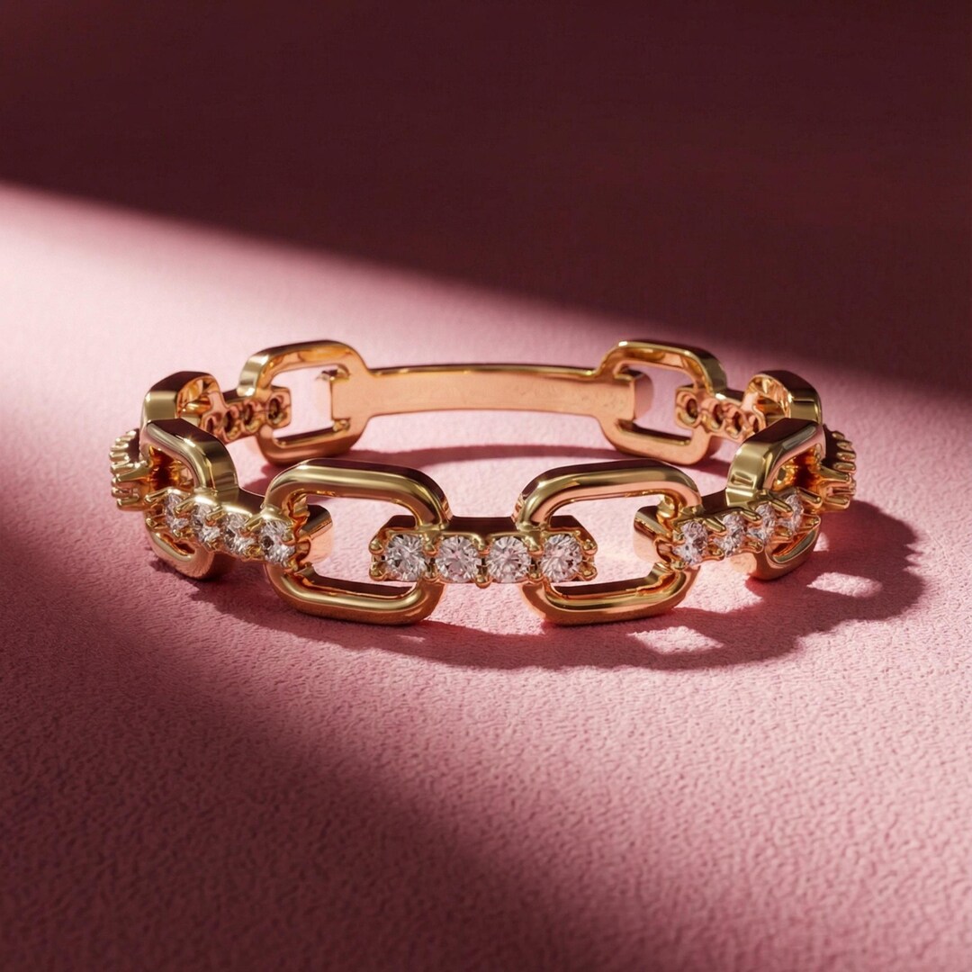 Diamond Chain Link Ring 14K Solid Gold, Pave Stackable Ring for Women ...