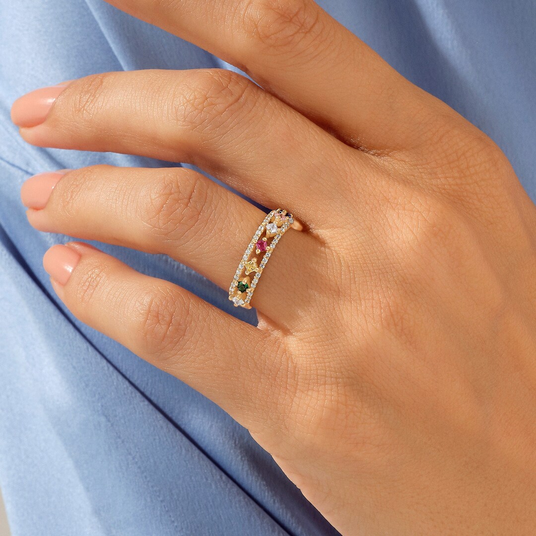 Elegant Rainbow Gemstone Ring, 14k Solid Gold Multi Stone Rings for ...