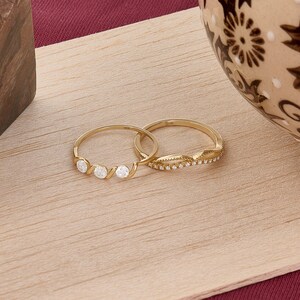 Three Stone Wedding Band,solid Gold Stacking Rings for Women,14k Gold ...