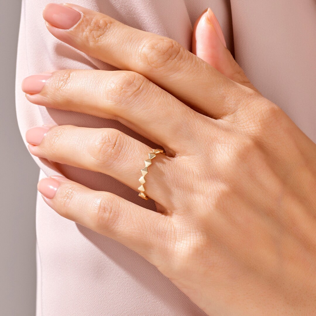 14k Dainty Pyramid Eternity Ring, Solid Gold Geometric Stackable Ring, Thin Wedding Bridal Band ...