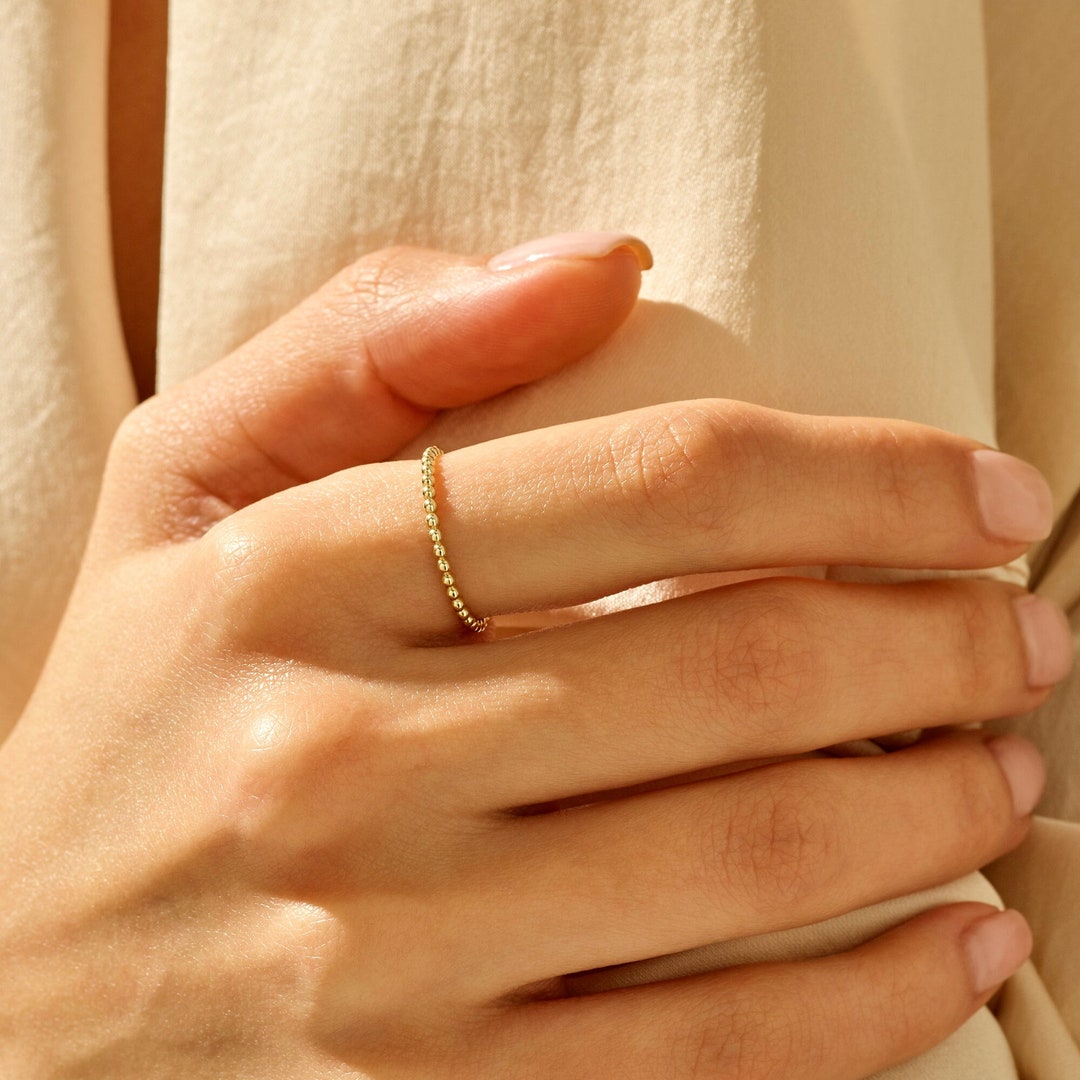 14k Gold Ultra Thin Ring, Solid Gold Beaded Ring, 1mm Gold Wedding Ring, Dainty Stacking Ring ...