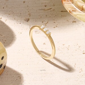 Solid Gold Vintage Wedding Ring, 14k Milgrain Band Slim Trilogy Ring, Minimalist Dainty Ring ...