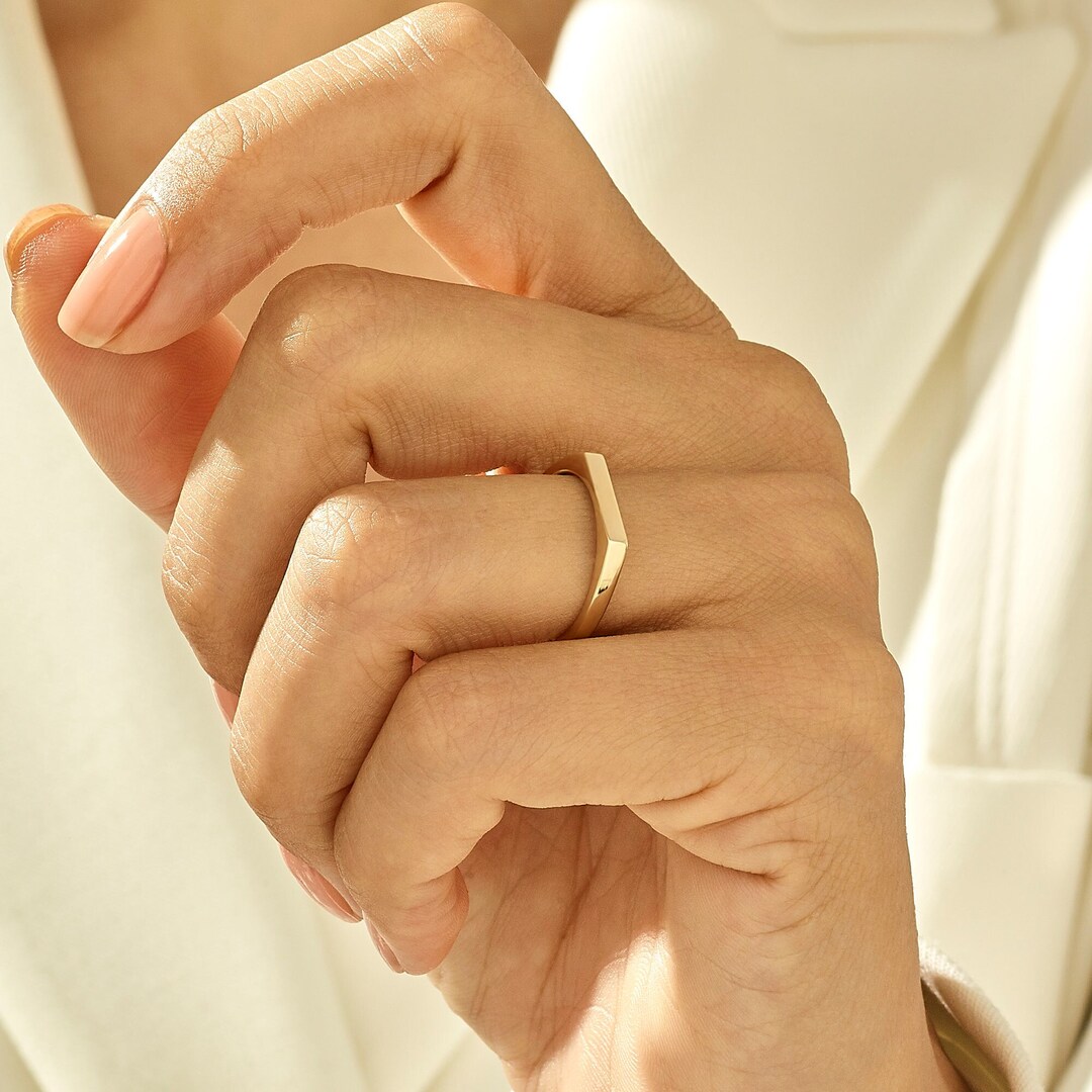 Solid Gold Bar Signet Ring, 14k Rectangle Pinky Ring for Women, Slim Signet Ring, Minimalist ...