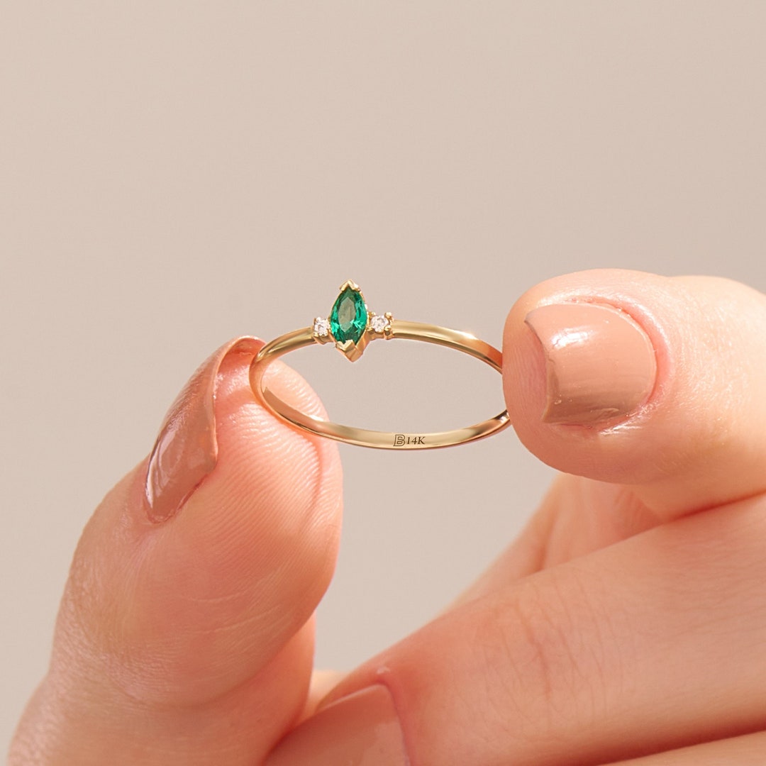 Dainty Emerald Ring, 14k Solid Gold Marquise Emerald Ring for Women ...