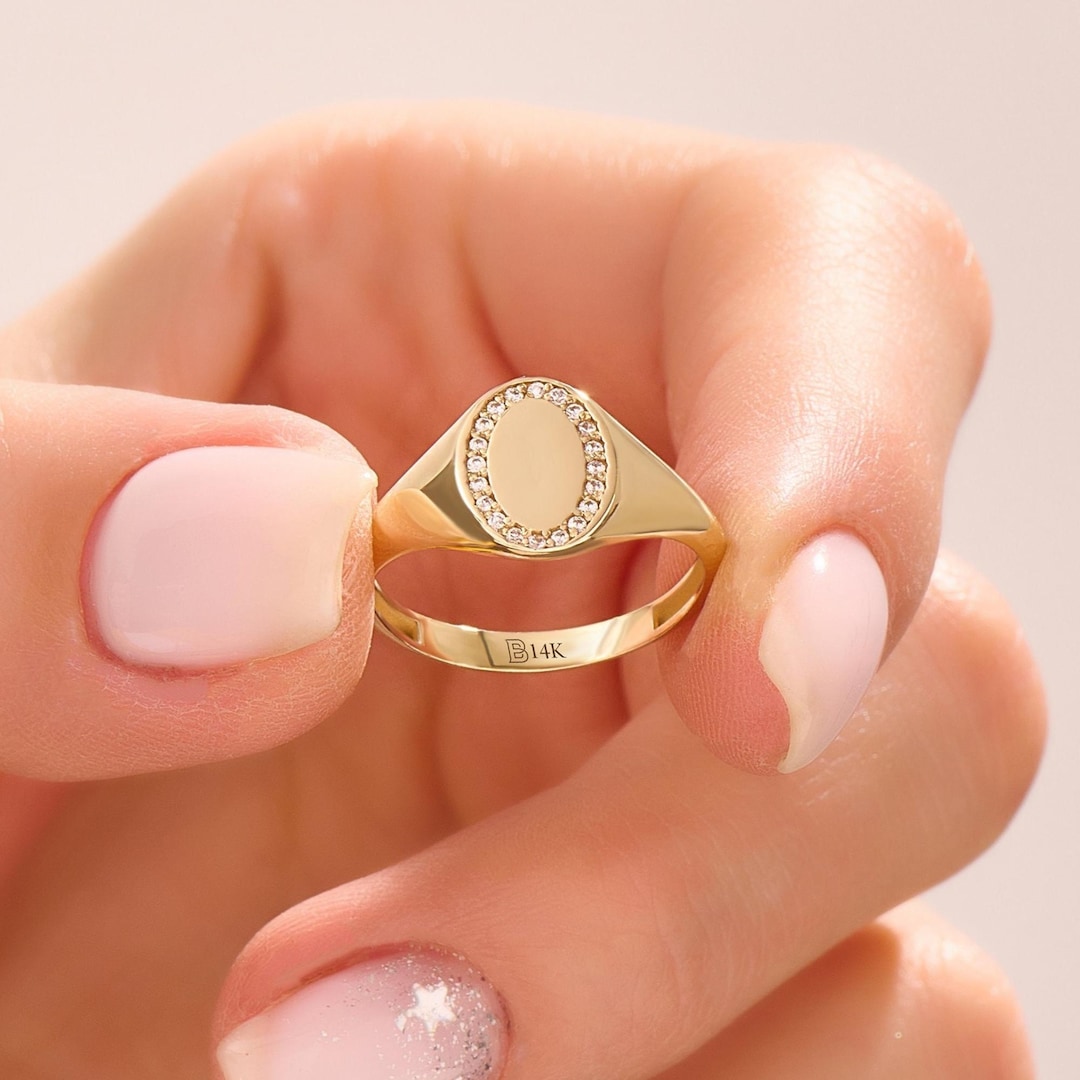 Solid Gold Signet Ring, 14k Initial Pinky Ring for Women, Chunky ...
