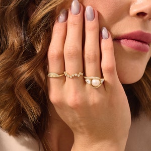 14k Gold Chunky Design Pearl Engagement Ring, Solid Gold Pearl Anniversary Gift Ring, Women's ...