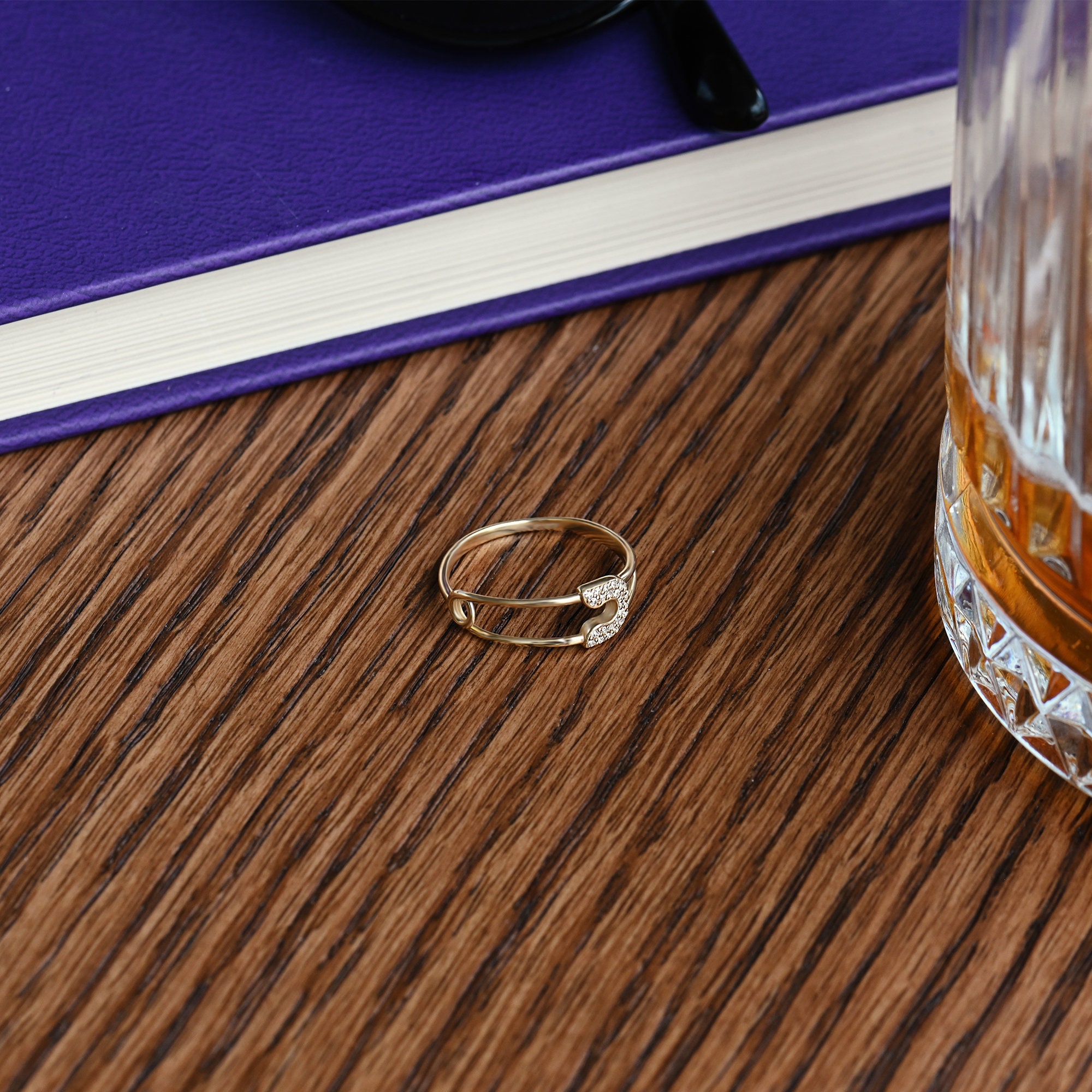 14k Solid Gold Pave Safety Pin Ring Dainty Gold Ring - Etsy UK