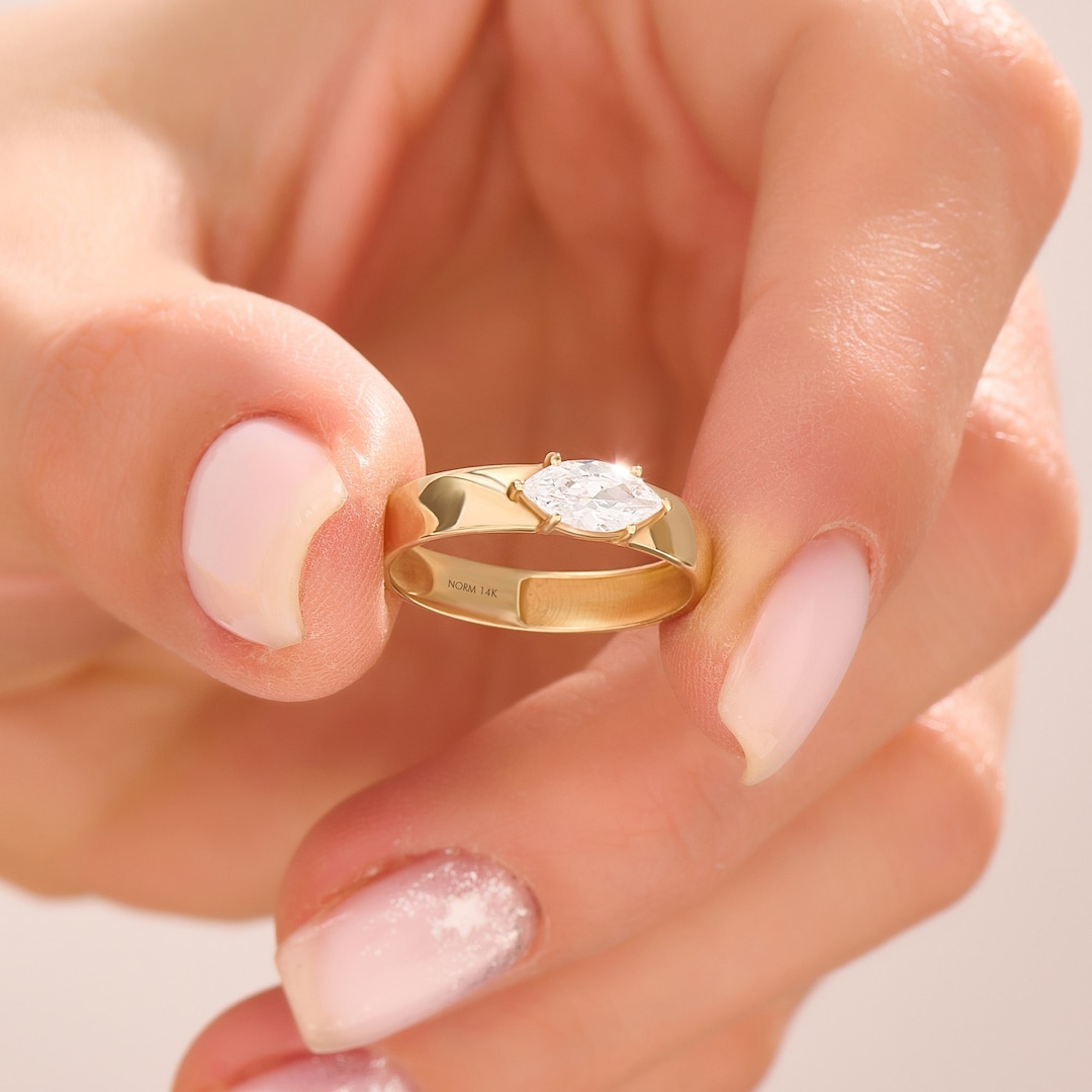 14k Gold Thick Band Engagement Ring, Solid Gold Marquise Solitaire Ring ...