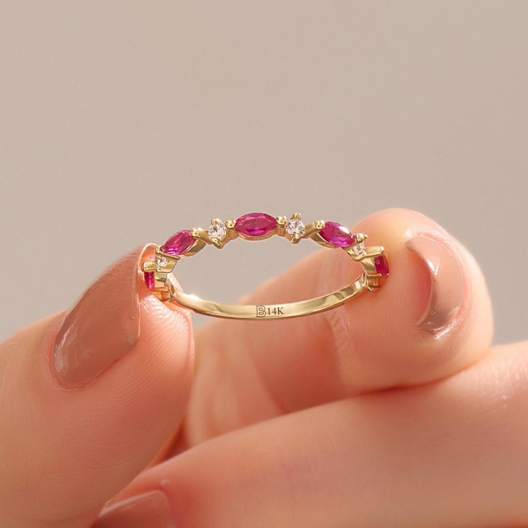 14k Solid Gold Ruby Ring, Dainty Stacking Ring, Marquise Ruby Band, Unique Stackable Ring, Half ...