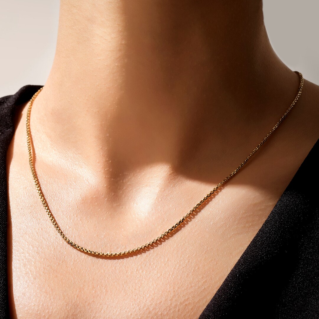 14k Solid Gold Box Chain Necklace, Simple Layering Necklace, Womens ...