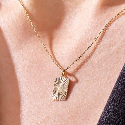 14k Solid Gold Rectangle Pendant Necklace/ Teardrop Pendant/ | Etsy