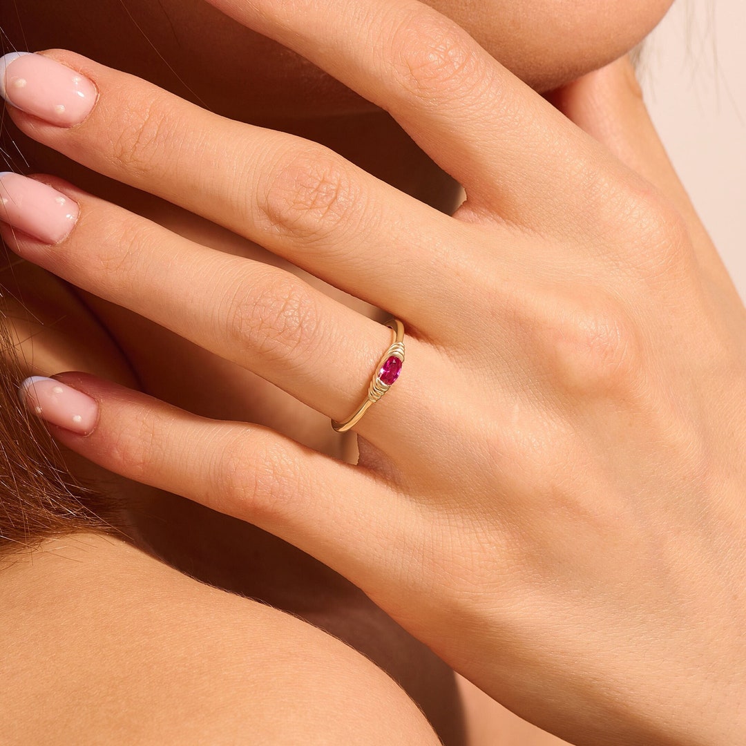 14k Gold Oval Ruby Ring, Solid Gold Slim Dome Ring, Minimal Statement ...
