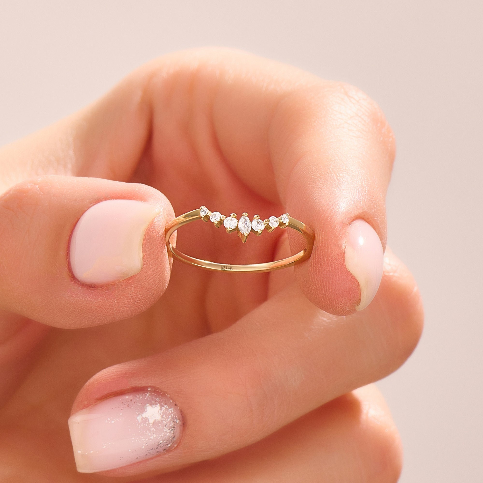 14K Solid Gold Curved Wedding Band, Tiara Contour Ring, Solitaire Ring ...