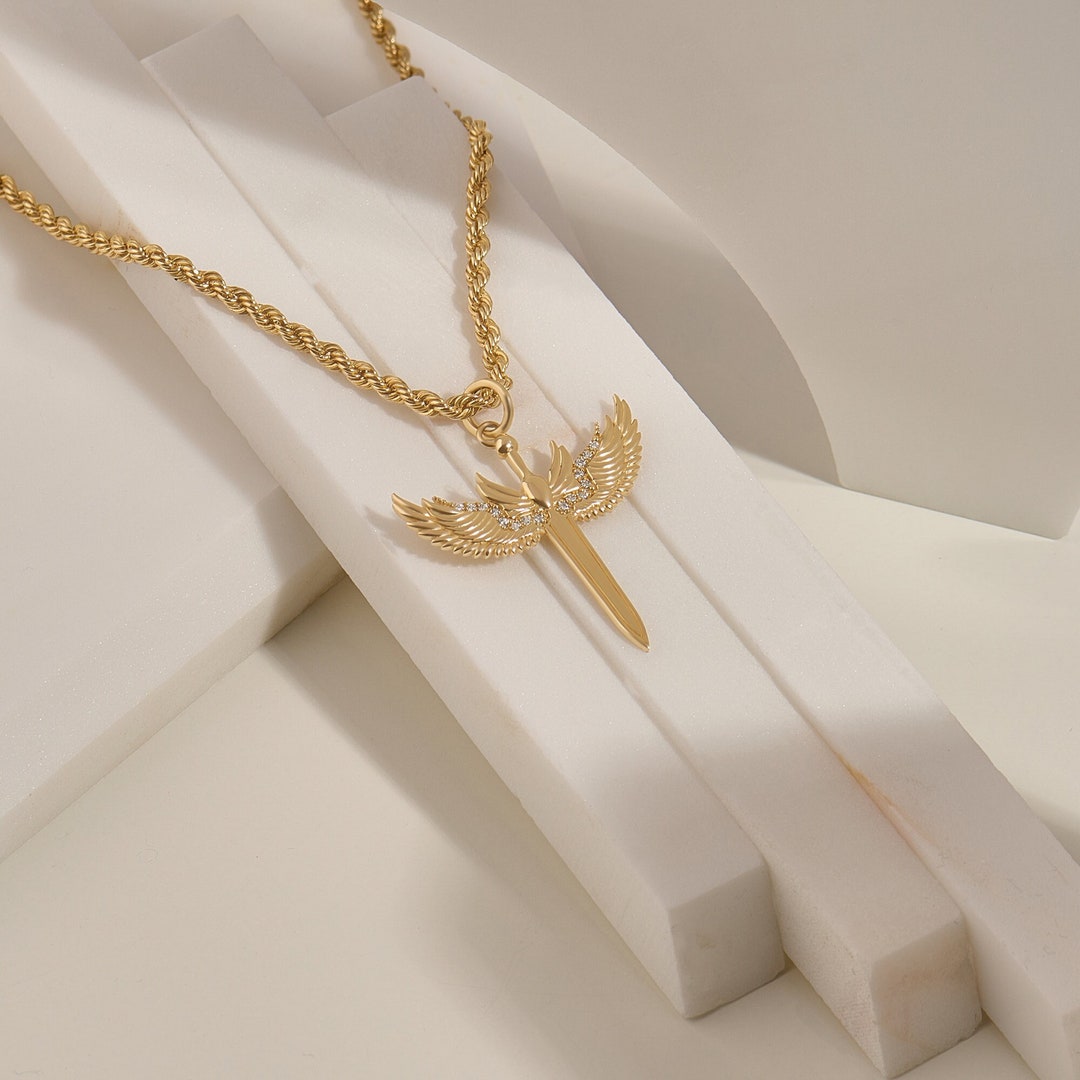 Angel Wing Sword Pendant 14k Solid Gold Justice & Power - Etsy
