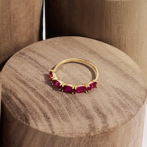 14k Ruby Ring, Solid Gold Ruby Wedding Band for Women, Minimalist Gemstone Ring, Half Eternity ...