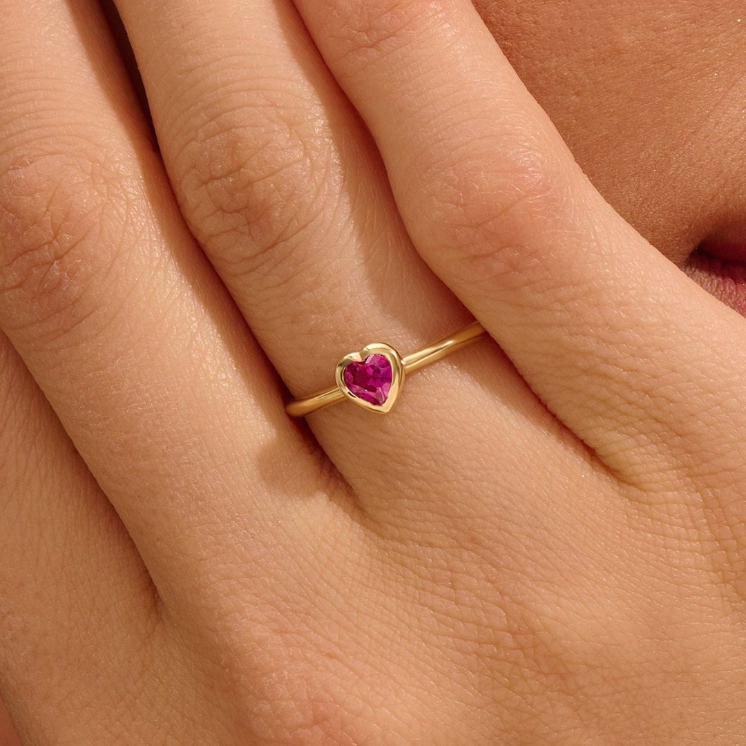 14k Tiny Heart Birthstone Ring, 14k Solid Gold Pink Gemstone Ring ...