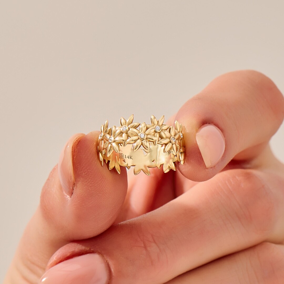 14k Gold Floral Wedding Band, Solid Gold Flower Ring, Womens Thick Band ...