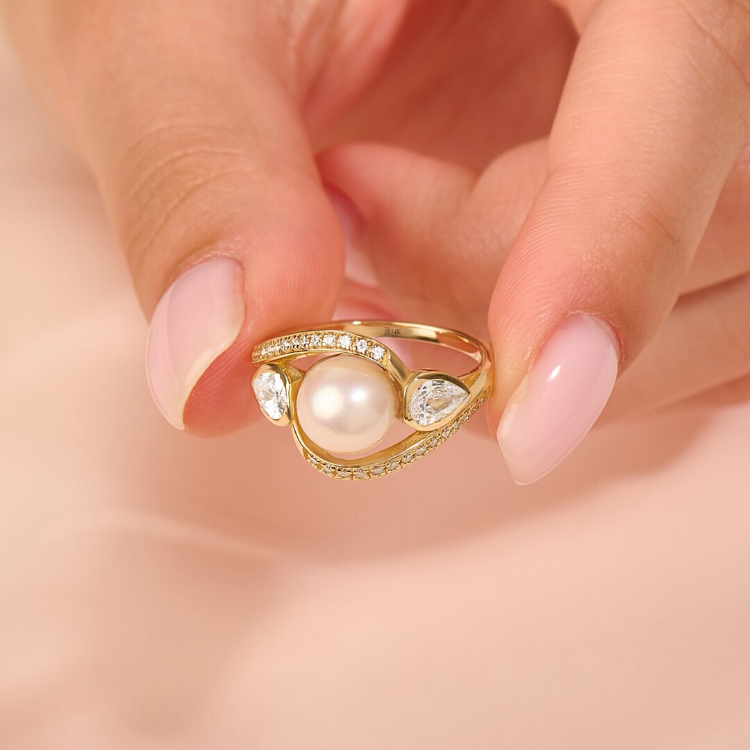 14k Gold Chunky Design Pearl Engagement Ring, Solid Gold Pearl ...