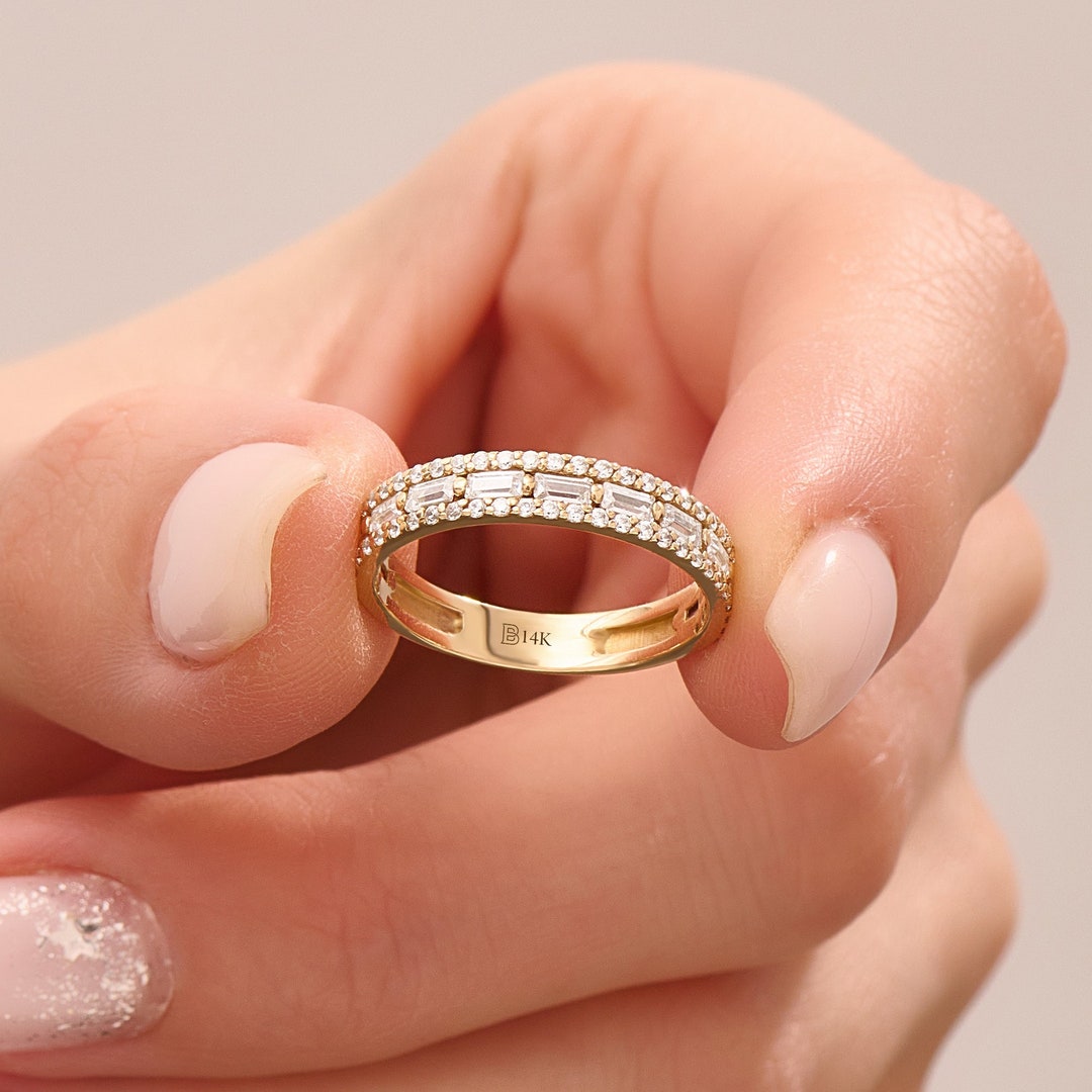 14k Solid Gold Baguette Eternity Ring for Women, Unique Wedding Band ...