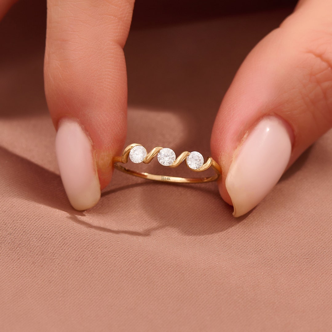Three Stone Wedding Band,solid Gold Stacking Rings for Women,14k Gold ...