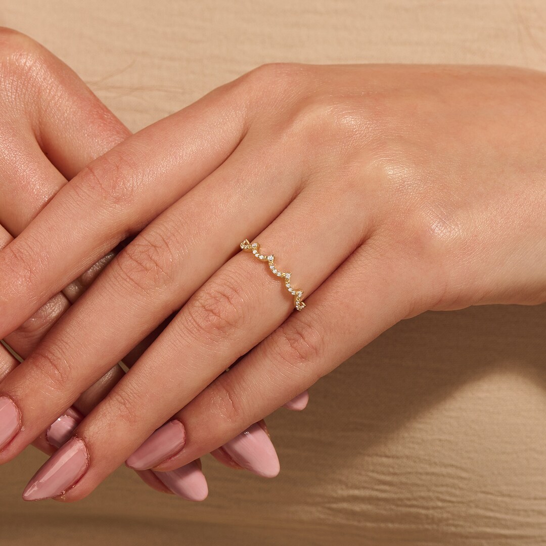 Ultra Thin Pave Crown Ring, 14k Solid Gold Wave Stacking Ring, Womens Minimal Layering Ring ...