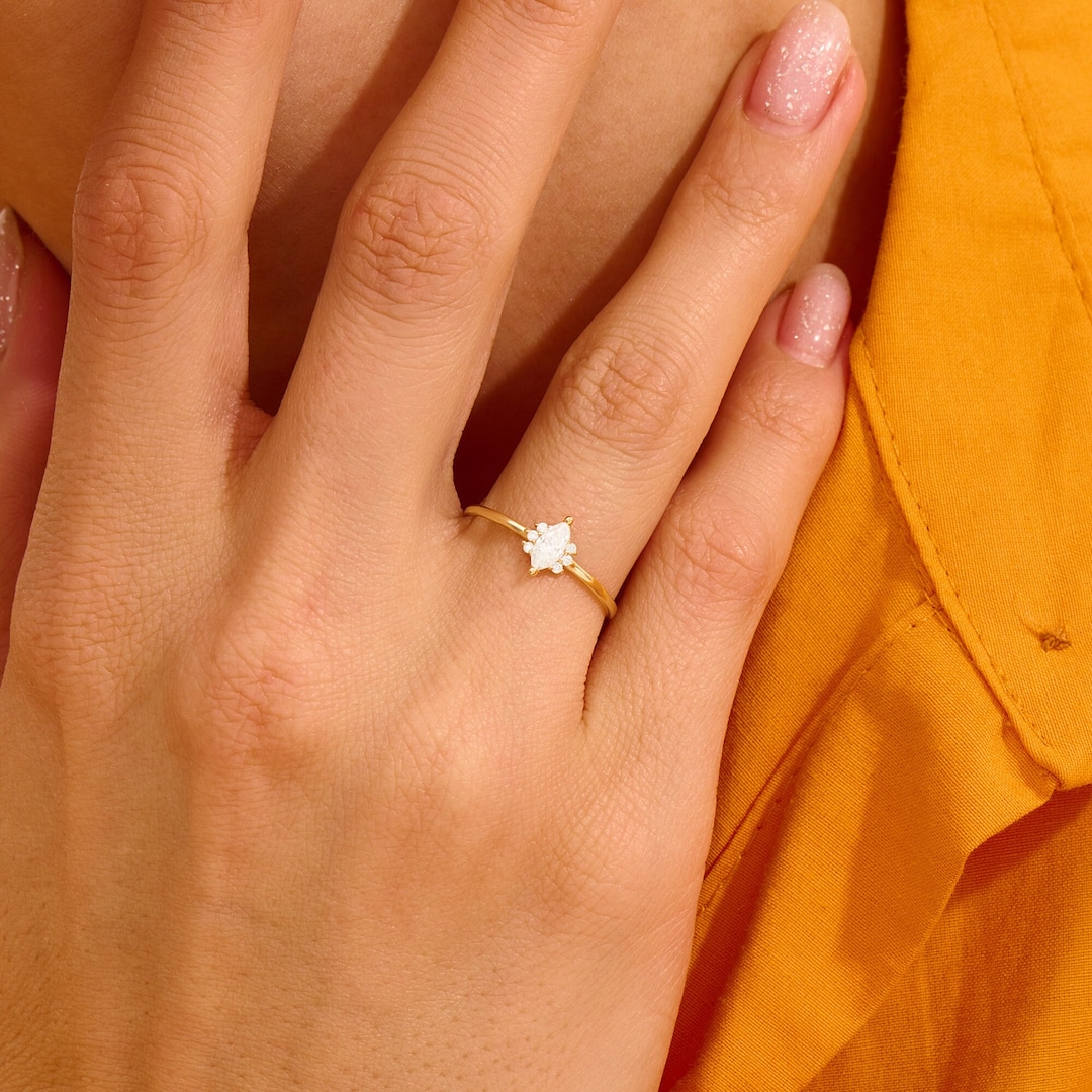 14k Solid Gold Small Moissanite Promise Ring, Marquise Cut Dainty ...