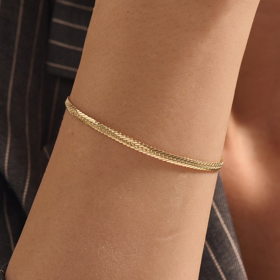 14k Gold Herringbone Bracelet, Solid Gold Snake Chain Bracelet, 4mm ...