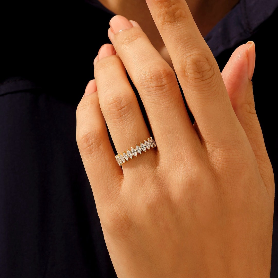 Stunning Half Eternity Marquise Ring, Solid Gold Wedding Rings With Sparkling Cz, 14k Gold ...