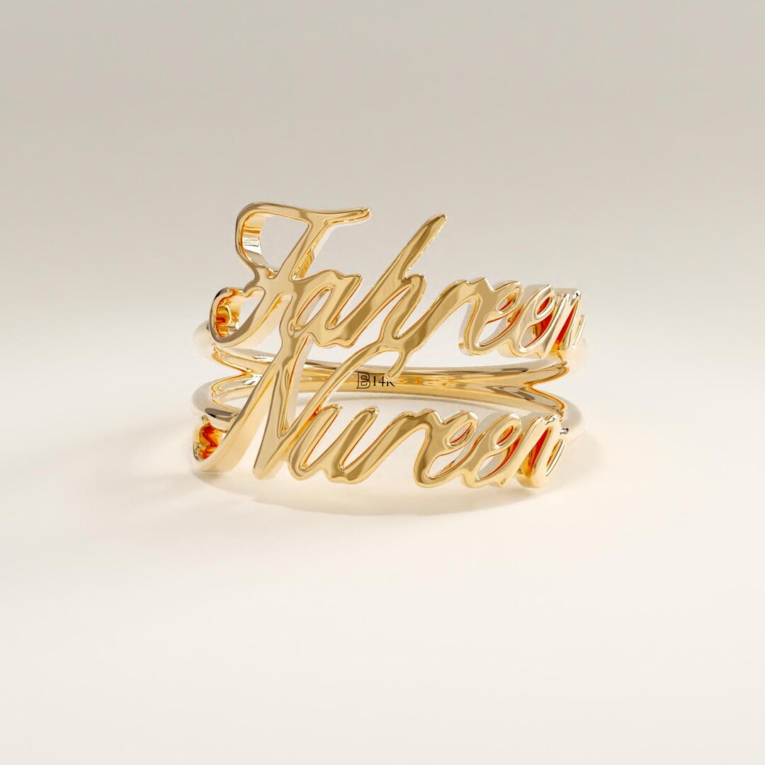 Personalized Two Name Ring, 14k Solid Gold Dainty Script Name Ring ...