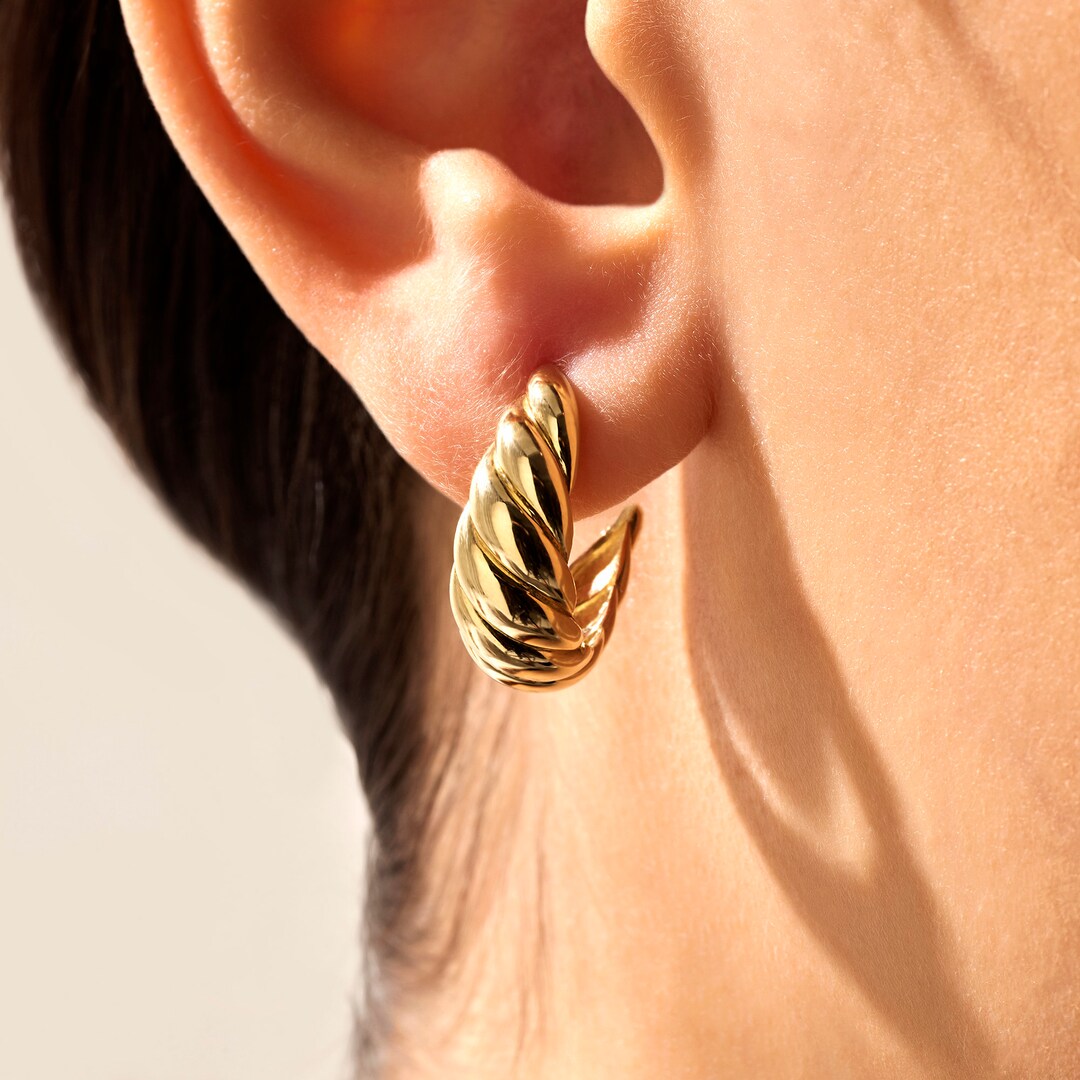 14k Gold Braided Rop Croissant Earrings for Women, Solid Gold Chunky ...