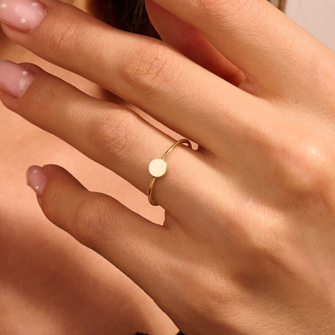 Tiny Round Initail Ring, 14k Solid Gold Minimalist Pinky Rings for ...