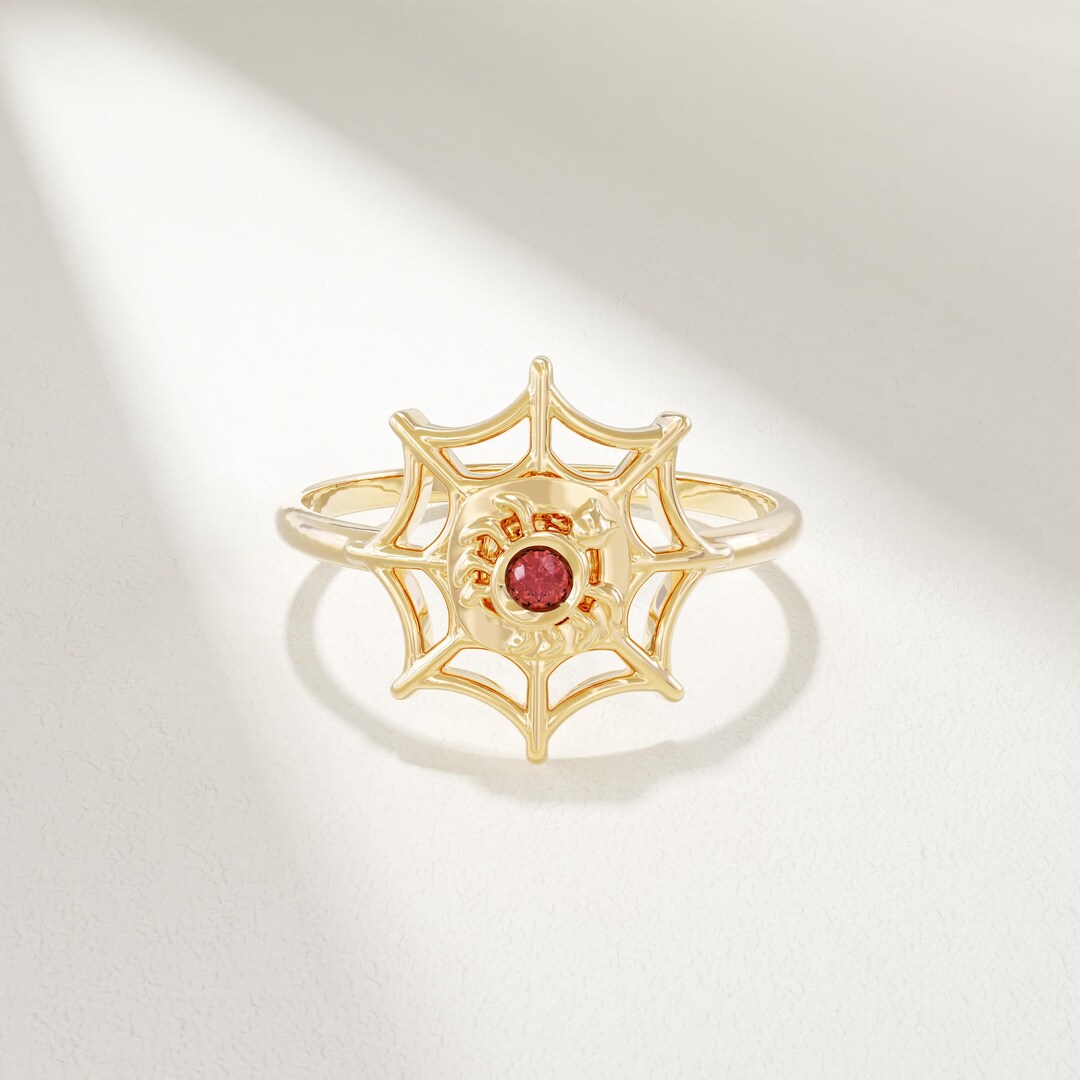 14k Gold Birthstone Spider Web Ring – Custom Stackable Halloween ...