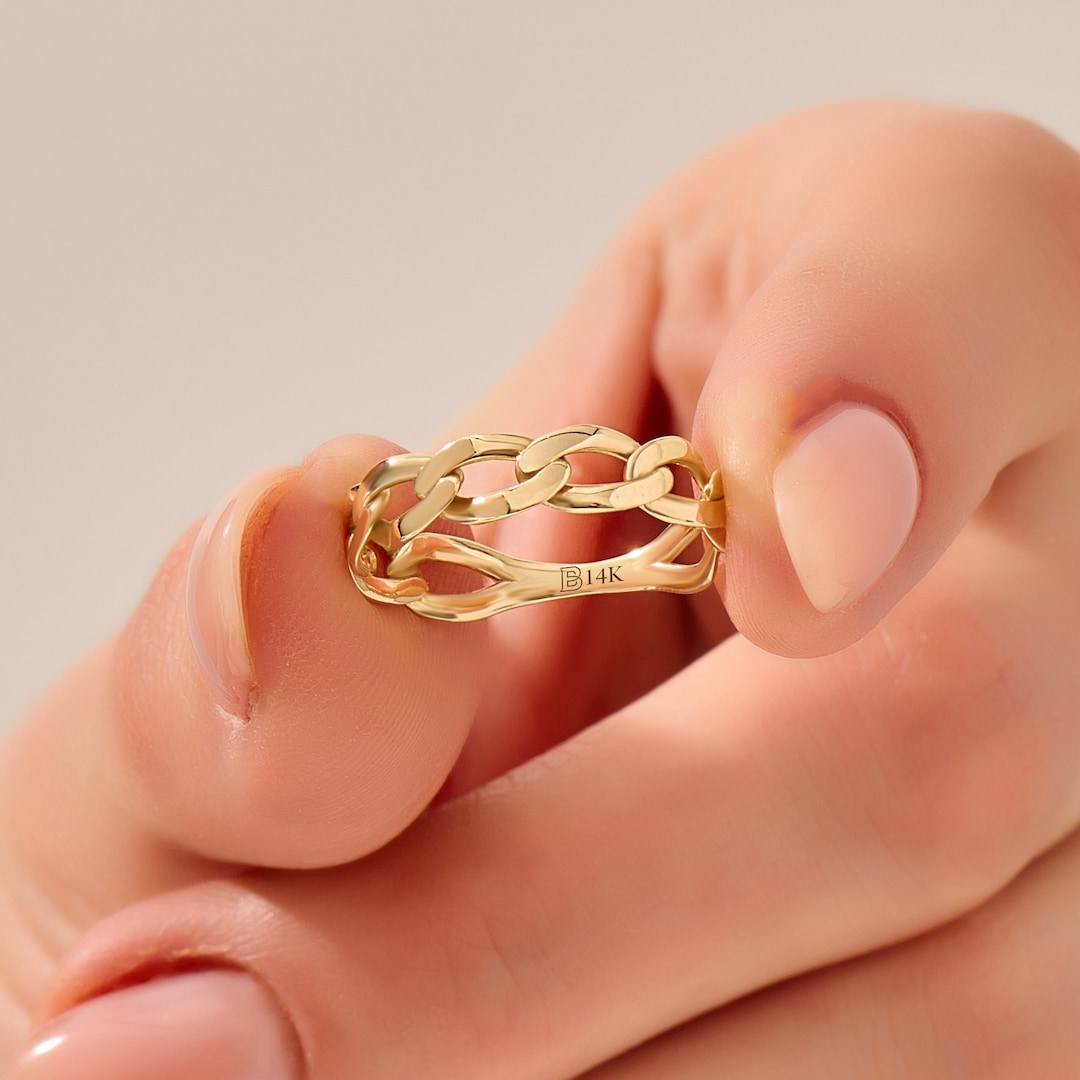 10 Karat Solid Gold Thick Chain Ring Link Wedding Band Women Wide Stacking Yellow Rose White ...