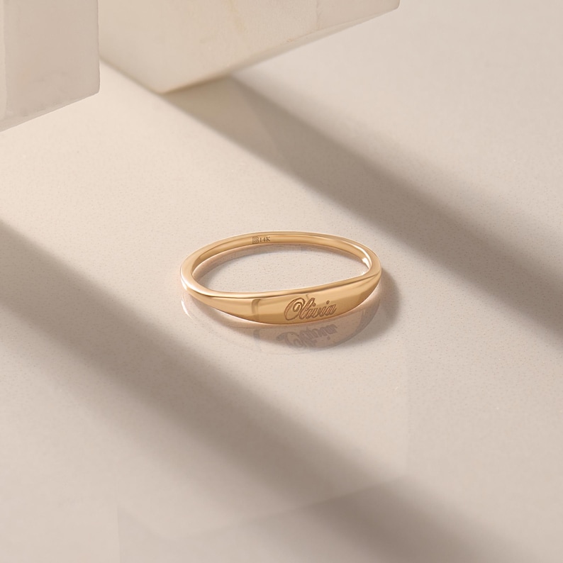 14k Solid Gold Initial Signet Ring, Slim Engraved Pinky Ring for Women ...