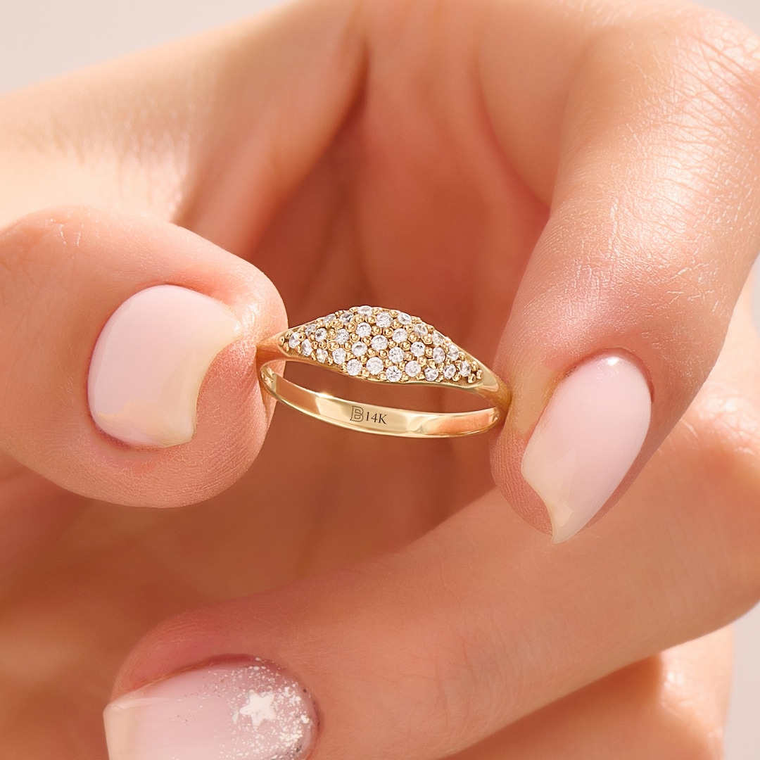 14k Solid Gold Sparkle Pinky Ring, Dainty Pave Signet Ring Women ...