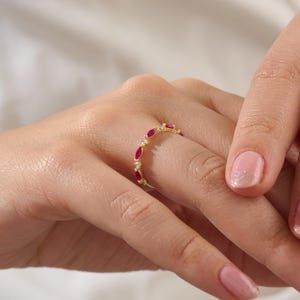 14k Solid Gold Ruby Ring, Dainty Stacking Ring, Marquise Ruby Band, Unique Stackable Ring, Half ...