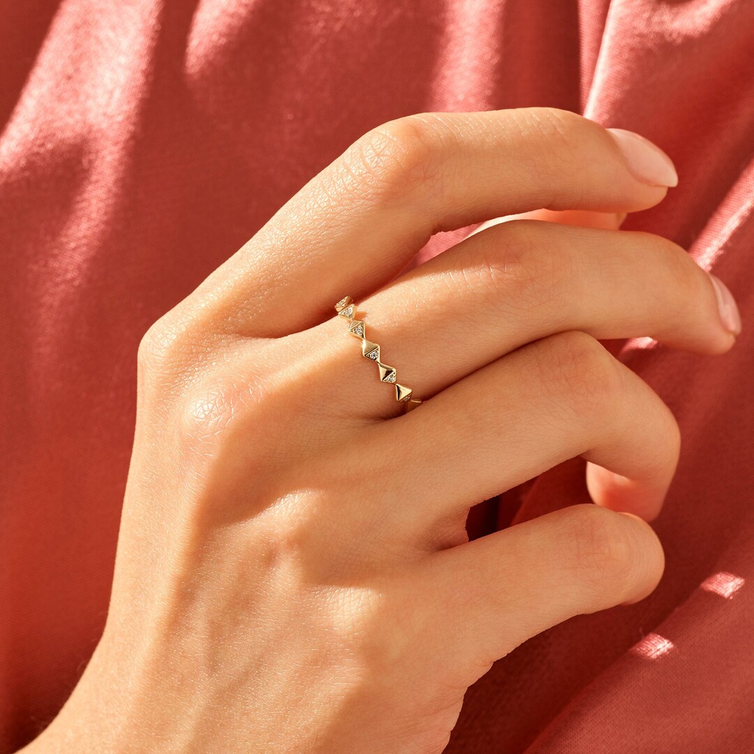 14k Spike Wedding Band, Solid Gold Pave Cz Ring, Minimalist Rhombus ...