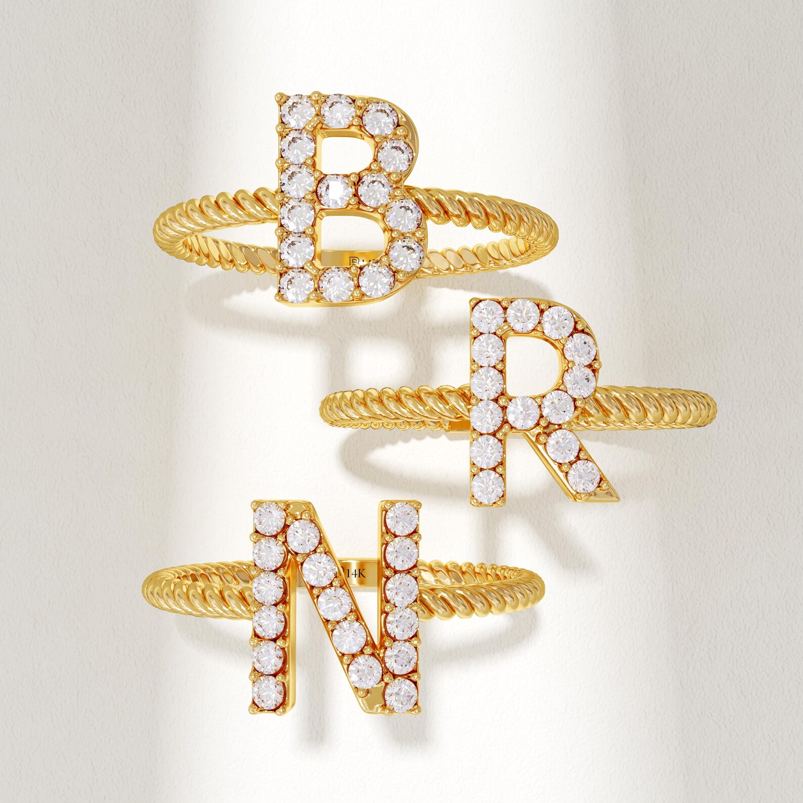 14k Solid Gold Personalized Letter Ring, Custom Initial Twisted Band ...