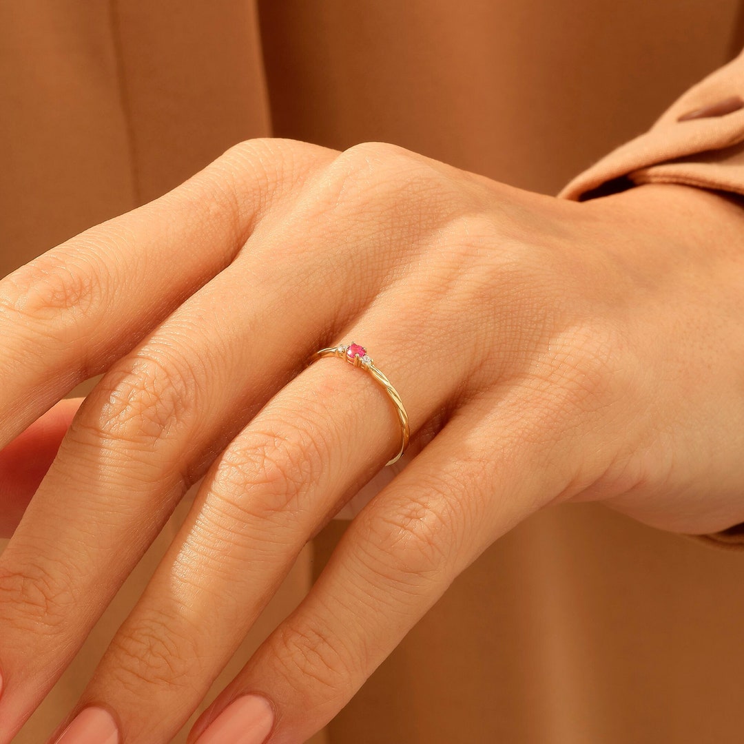 Solid Gold Tiny Ruby Ring, 14k Gold July Birthstone Rings for Women, Minimalist Ruby Ring, Pink ...