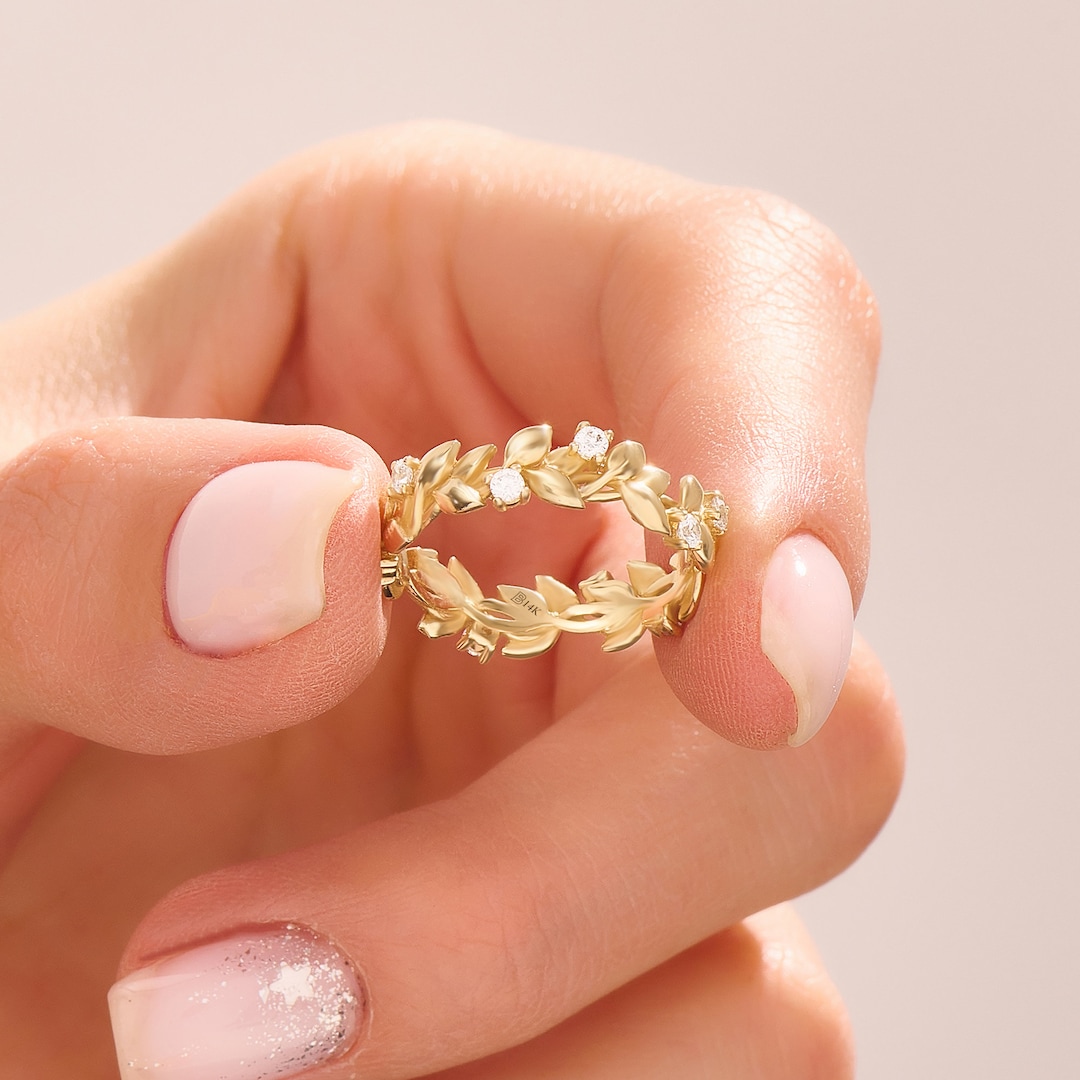 Solid Gold Leaf Wedding Ring, Olive Branch Rings Women, Vine Anniversary Band, Floral Eternity ...