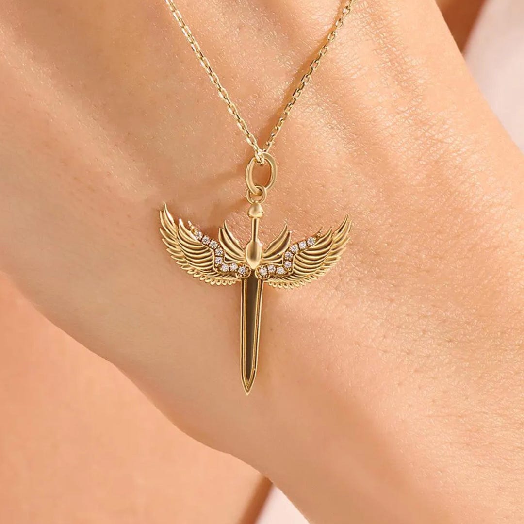 Angel Wing Sword Pendant / 14k Solid Gold Necklace for Women / Winged ...