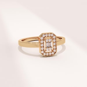 Solid 14K Gold Octagon Halo Ring – Baguette Cubic Zirconia Vintage Art Deco Jewelry - Etsy