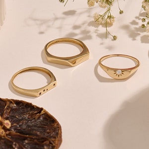14k Gold Sun Signet Ring, Solid Gold Pinky Ring, Womens Dainty Sunshine ...
