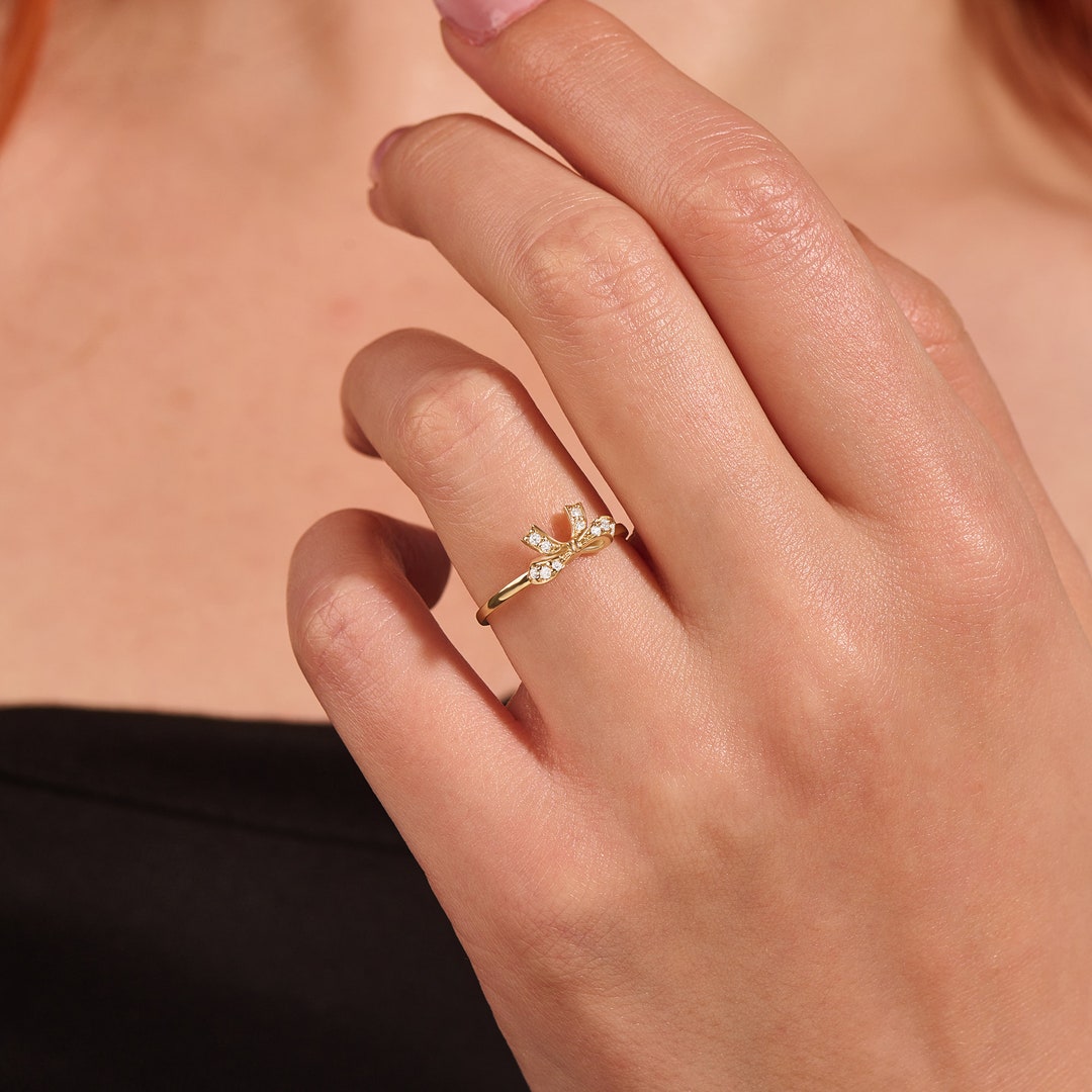 Lab Diamond Ribbon Statement Ring Solid 14k Gold Love Knot Band Purity ...