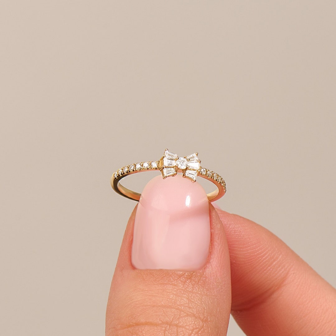 14k Gold Promise Ring, Solid Gold Pinky Ring, Dainty Ribbon Statement ...