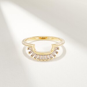 Moissanite Square Curved Wedding Band, Solid 14k Gold Ring Enhancer for Women, Nesting Half Band ...