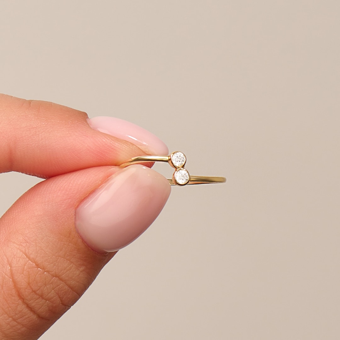14k Minimalist Bypass Ring, Solid Gold Double Stone Promise Ring,dainty ...